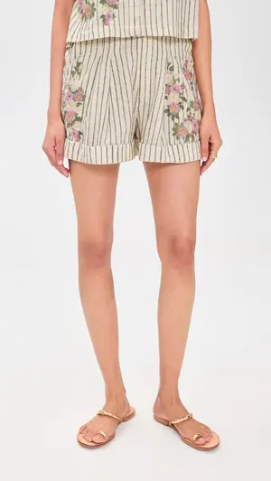 Agua Bendita Rommy Paraiso Striped Floral Appliqué Shorts