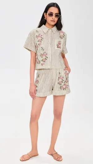 Agua Bendita Rommy Paraiso Striped Floral Appliqué Shorts
