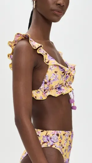 PatBO Peony Print Lycra Ruffle Bikini Top