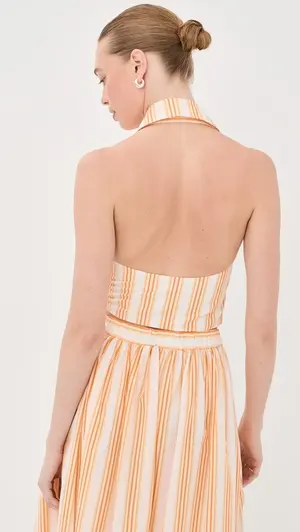Rosie Assoulin Striped Cotton Halter Top With Wrap Detail - Orange Multi