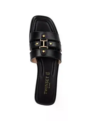 TWINSET Leather Sliders With Logo Plaque - Black