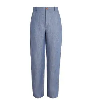 GOD'S TRUE CASHMERE Linen-denim Straight Trousers With Gemstone Detailing