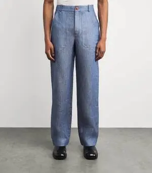 GOD'S TRUE CASHMERE Linen-denim Straight Trousers With Gemstone Detailing
