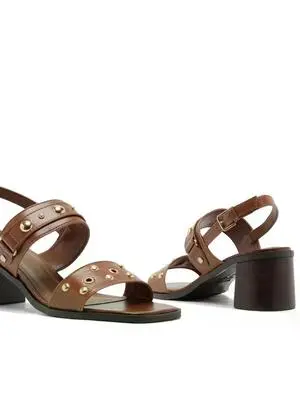 AREZZO Stud-embellished Leather Sandals - Brown