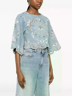 Farm Rio Richelieux Geometric-embroidered Blouse - Blue