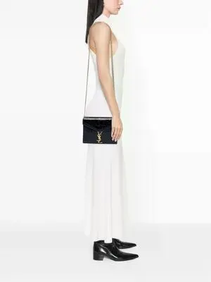 Saint Laurent 2018 Shiny Croc Embossed Calfskin Monogram Cassandra Chain Wallet - Black