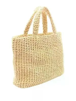Prada Small Raffia Effect Crochet Embroidered Logo Tote Bag - Neutrals