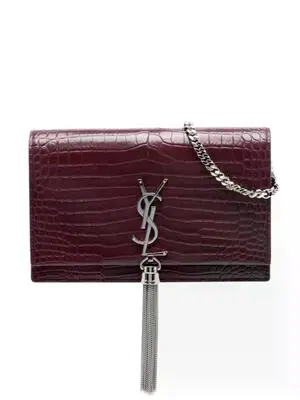 Saint Laurent Croc Embossed Leather Monogram Kate Tassel Wallet On Chain Crossbody Bag - Red