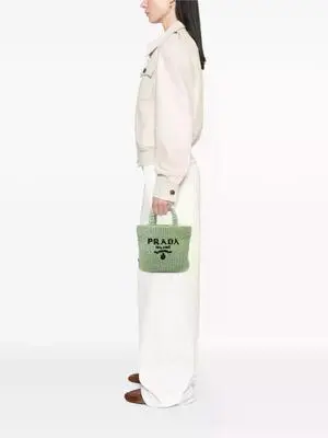 Prada Small Raffia Effect Crochet Embroidered Logo Tote Bag - Green