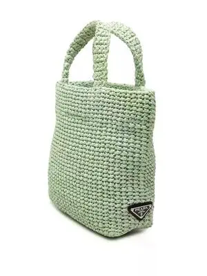 Prada Small Raffia Effect Crochet Embroidered Logo Tote Bag - Green