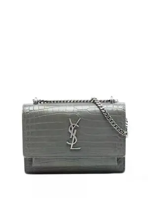 Saint Laurent 2017 Mini Croc Embossed Leather Monogram Sunset Wallet On Chain - Grey