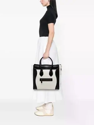 Celine 2011 Mini Bicolor Canvas And Leather Luggage Tote Handbag - Brown