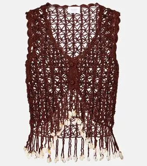 Anna Kosturova Crochet Fringed Cotton Crop Top - Brown