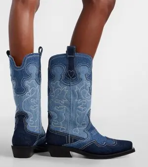 GANNI Denim Cowboy Boots - Blue