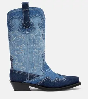 GANNI Denim Cowboy Boots - Blue