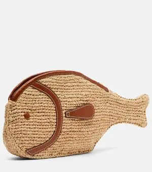 Staud Pesce Leather-trimmed Raffia Clutch - Beige