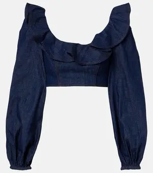 Zimmermann Aster Ruffled Denim Crop Top - Blue