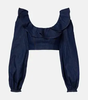 Zimmermann Aster Ruffled Denim Crop Top - Blue