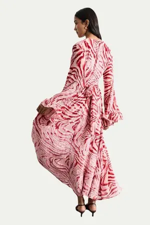 WAREHOUSE Burnout Velvet Plunge Maxi Dress - Red