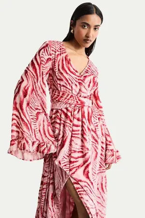 WAREHOUSE Burnout Velvet Plunge Maxi Dress - Red