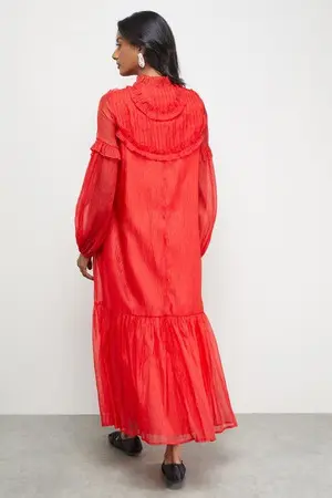 WAREHOUSE Crinkle Stripe Frill Midi Dress
