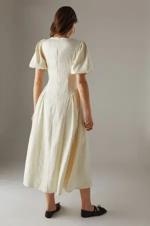 WAREHOUSE Seersucker Puff Sleeve Midi Dress - Cream