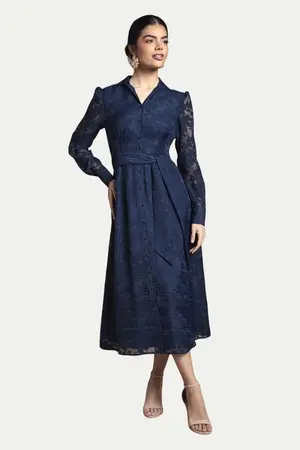 WALLIS Floral Organza Belted Midi Shirt Dress - Navy