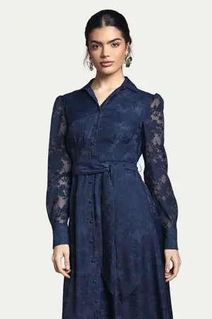 WALLIS Floral Organza Belted Midi Shirt Dress - Navy
