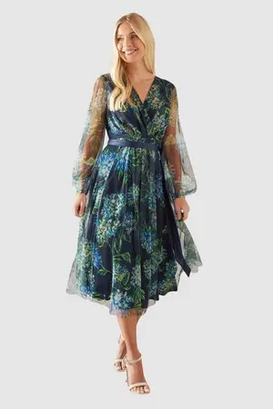 WALLIS Petite Floral Mesh Satin Tie Midi Dress