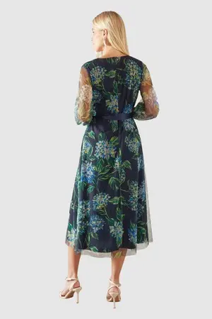 WALLIS Petite Floral Mesh Satin Tie Midi Dress