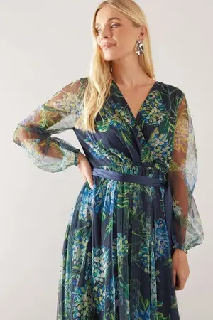 WALLIS Petite Floral Mesh Satin Tie Midi Dress