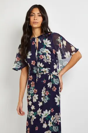 WALLIS Cape Sleeve Ruched Midi Dress - Navy