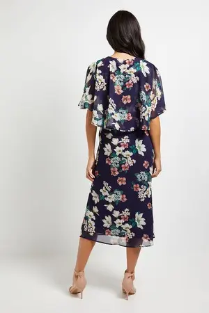 WALLIS Cape Sleeve Ruched Midi Dress - Navy