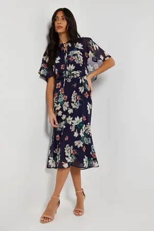 WALLIS Cape Sleeve Ruched Midi Dress - Navy
