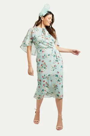 WALLIS Cape Sleeve Ruched Midi Dress - Sage