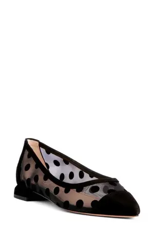 BEAUTIISOLES BY ROBYN SHREIBER Blake Pointed Cap Toe Flat In Polka Dot Mesh - Black