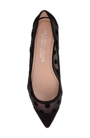 BEAUTIISOLES BY ROBYN SHREIBER Blake Pointed Cap Toe Flat In Polka Dot Mesh - Black