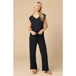 SOFTIES Dream Ruffle V-Neck With Cropped Pant Set Black
