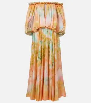 Zimmermann Luna Off-shoulder Printed Silk Chiffon Gown