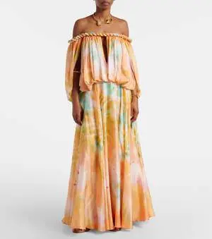 Zimmermann Luna Off-shoulder Printed Silk Chiffon Gown