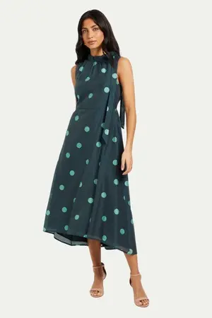 WALLIS Spot Tie Neck Sleeveless Midi Dress