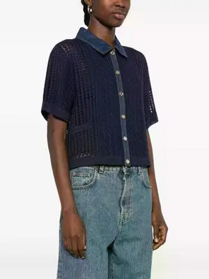 Sandro Openwork Knit Collared Shirt With Denim Trim