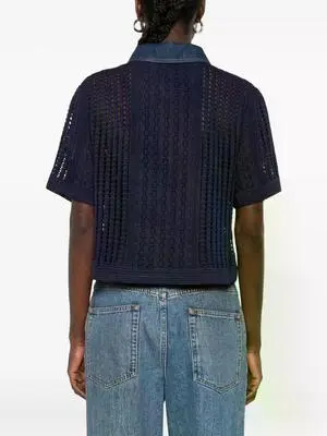 Sandro Openwork Knit Collared Shirt With Denim Trim
