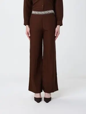 HANITA Linen Blend Palazzo Trousers With Embroidery - Ebony