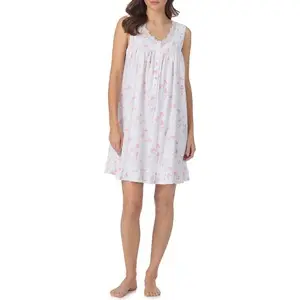 Eileen West Floral Print Cotton Pointelle Chemise - Wht/pink