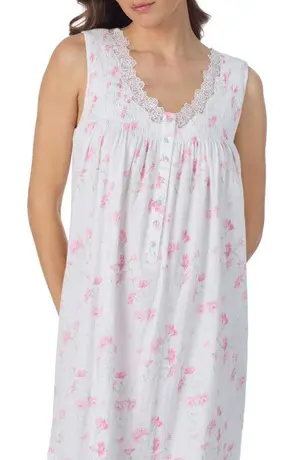 Eileen West Floral Print Cotton Pointelle Chemise - Wht/pink