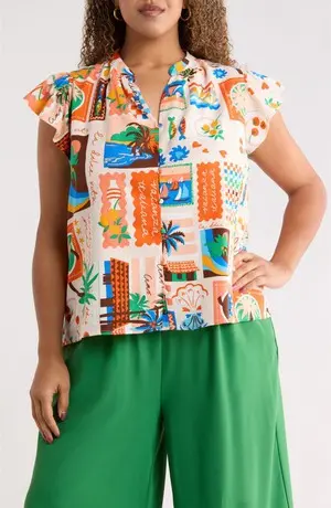 SUGARLIPS Palm Print Ruffle Cap Sleeve Blouse