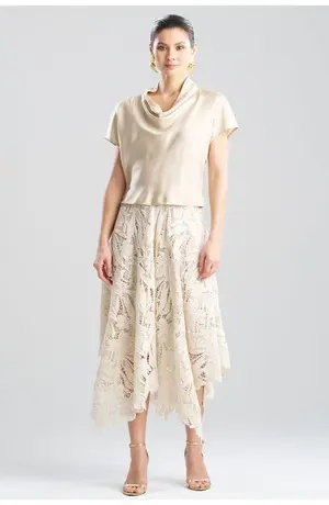 Natori Solid Silk Twill Cap Sleeve Cowl Neck Top
