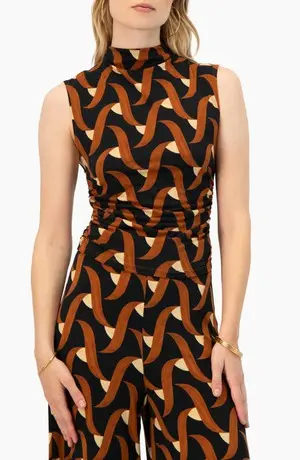 IVONNE Patterned Ruched High Neck Blouse - Multi-brown