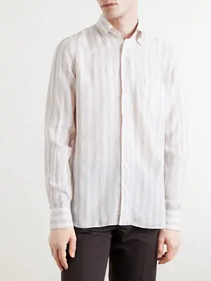 J. MUESER Button-down Collar Striped Linen Shirt - Brown